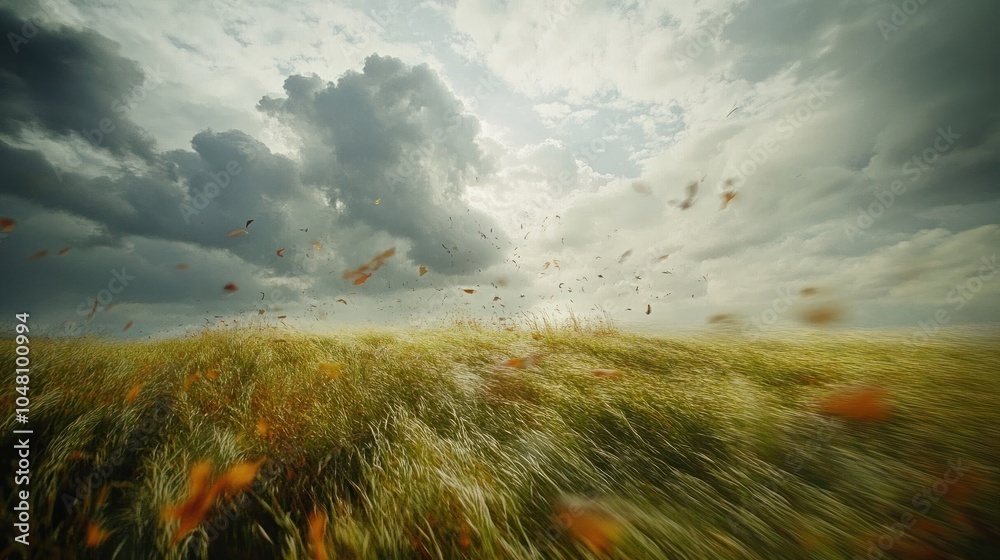 trees bending sharply in a windstorm, with leaves and branches flying ...