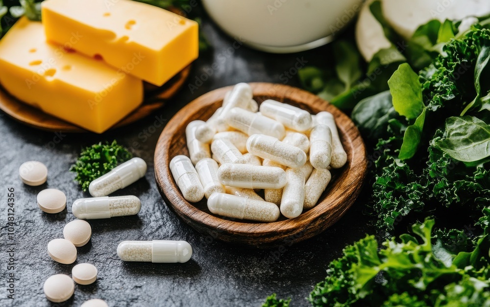 Calcium Capsules with Dairy Products and Greens: A close-up image of ...