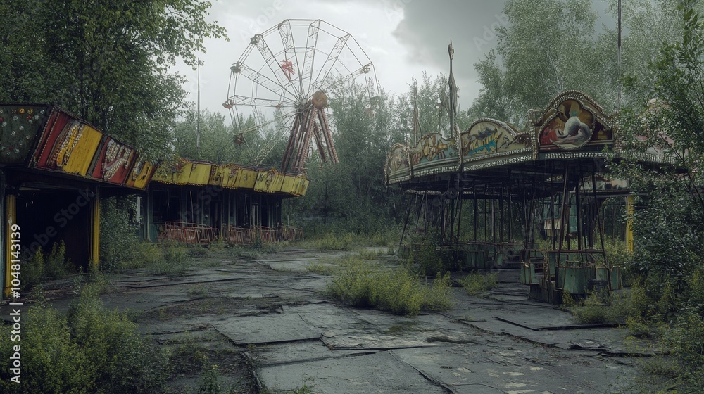 A deserted, run-down amusement park, with rusty rides and overgrown ...