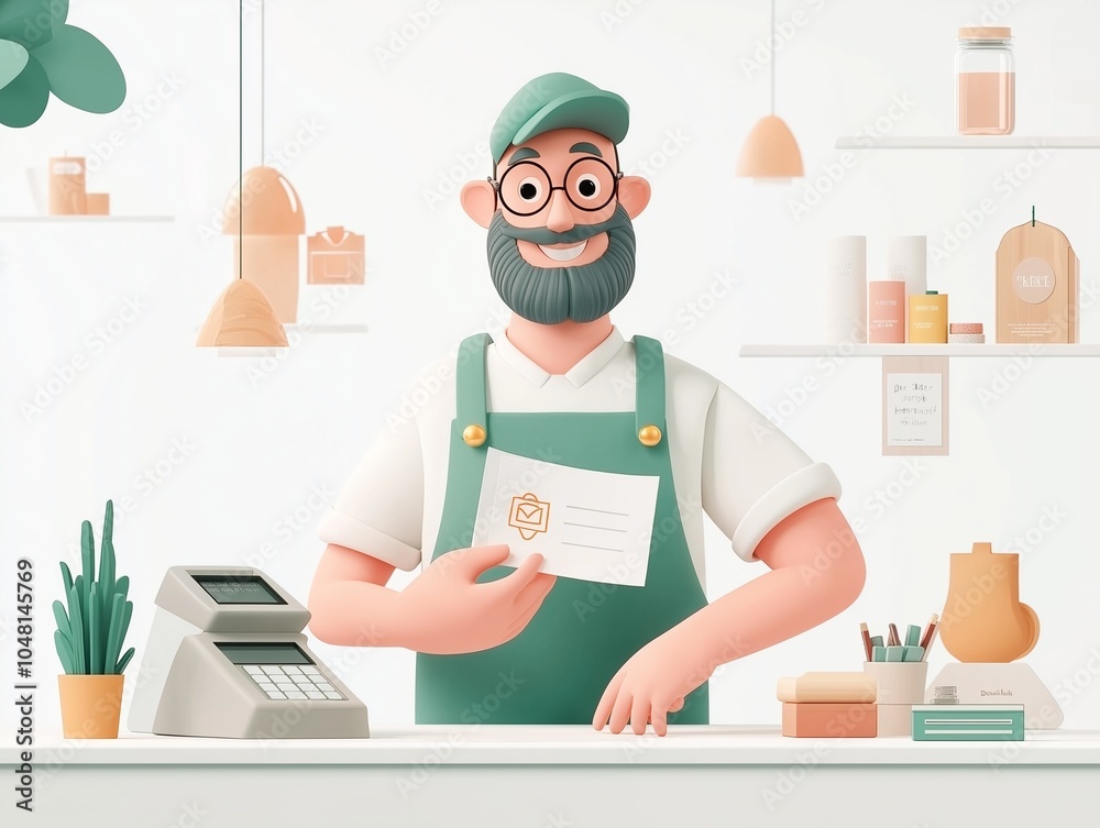 A friendly cartoon cashier character stands at a modern shop counter ...