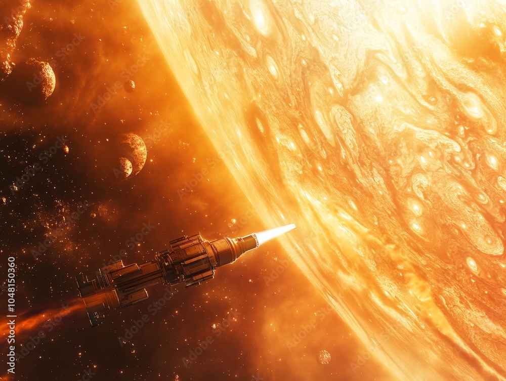 A futuristic spacecraft entering the atmosphere of a gas giant ...