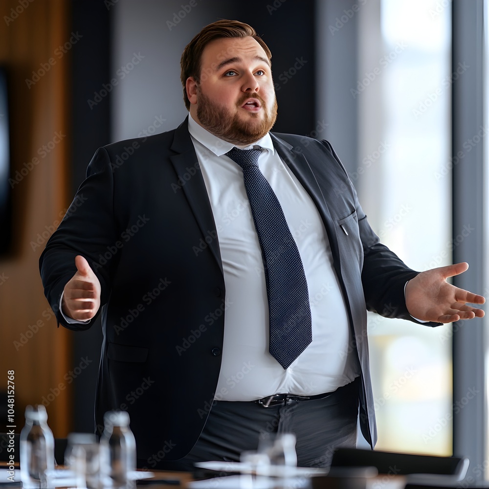 Confident Overweight Professional Giving Presentation in Boardroom ...