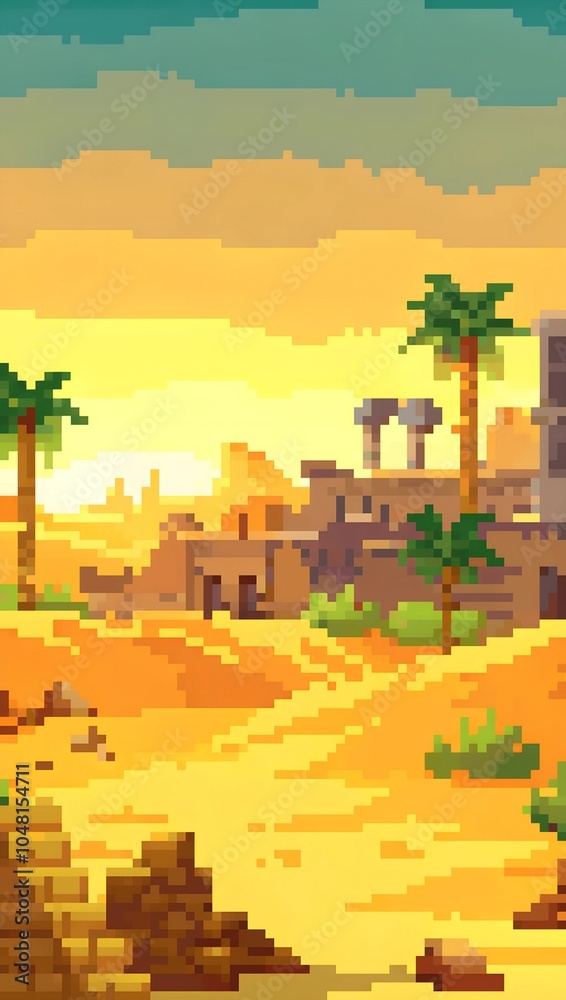 Desert landscape with palm trees and ruins during daytime pixel art ...