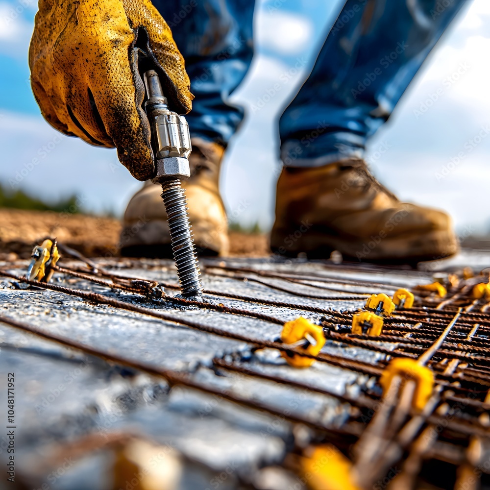 Construction worker installing rebar for a new concrete foundation ...