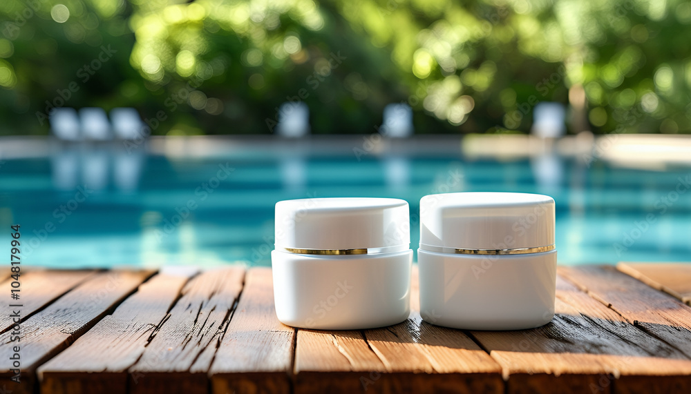 two blank white empty sunscreen mockup on wooden surface,cosmetic ...