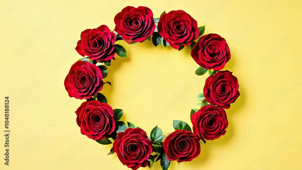 A circular arrangement of vibrant red roses forms a romantic wreath on ...