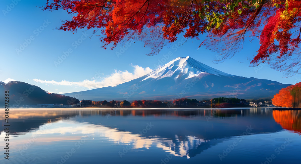 Japan's Mount Fuji in autumn. Fuji on a background of red maple leaves ...