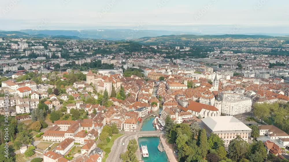 Dolly zoom. Annecy, France. Historical city center with the Thiou river ...