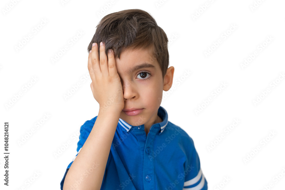Kid close one eye with hand to check vision on white background. Vision ...