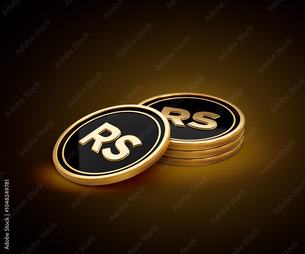 Stack Of Golden And Black Rupee Rs Coins Set On Shiny Golden Glow ...