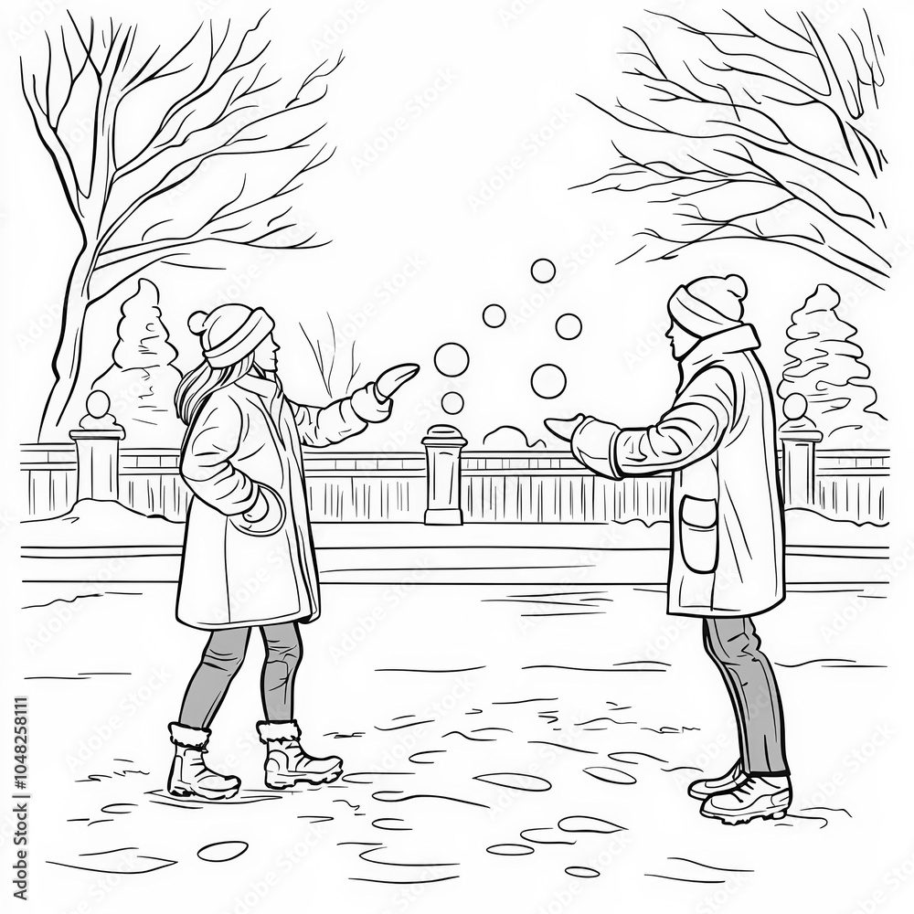 A snowball fight scene in a winter park, coloring page for kids, simple ...