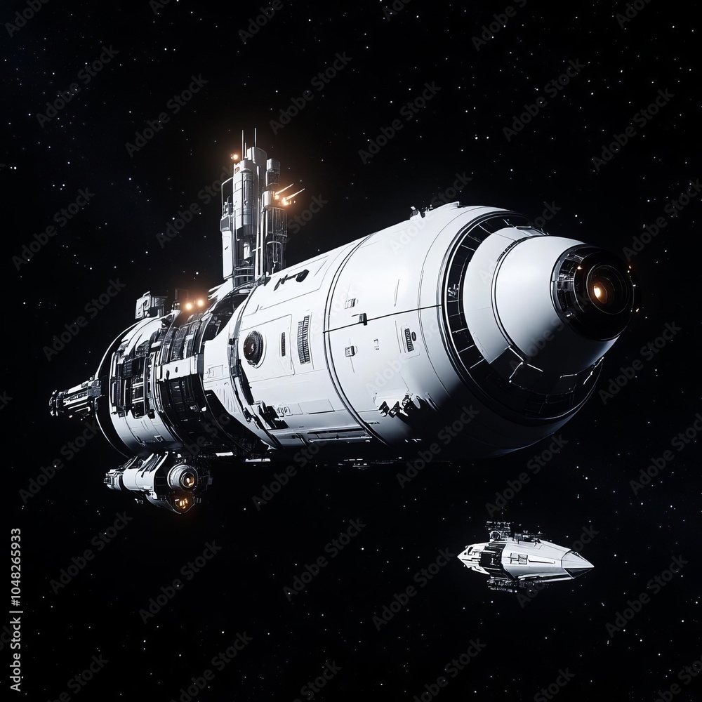 Alien mothership docking with a smaller scout vessel in deep space ...