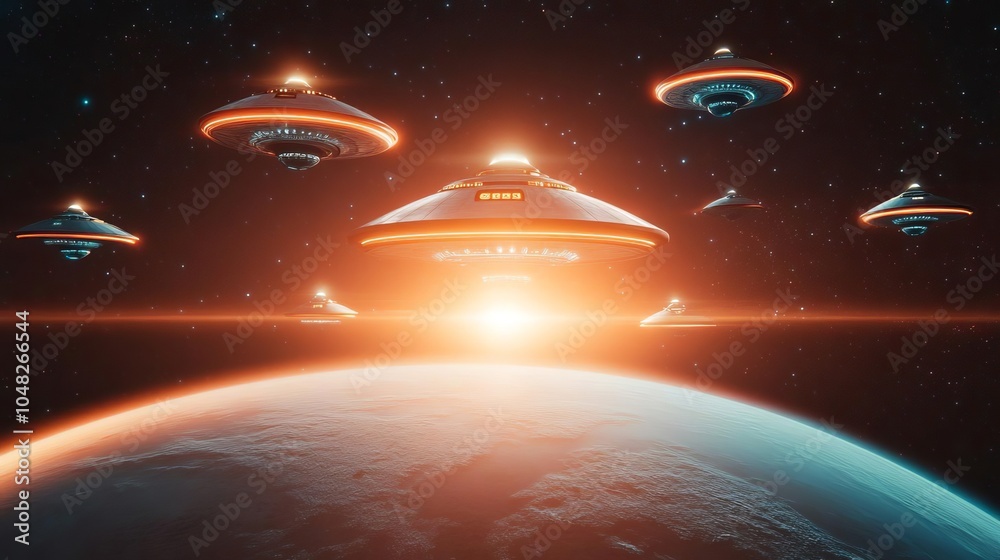 Alien spaceship fleet hovering above a planet, interacting with a ...