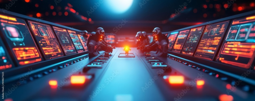 Spaceship control room filled with glowing digital displays, crew ...