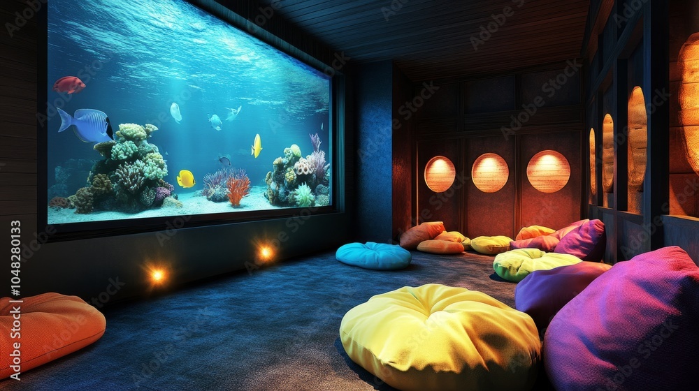 Family-friendly theater room with bean bags, colorful fish swimming on ...