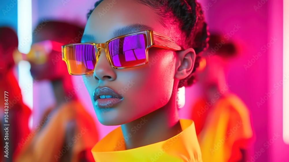 Runway models in neoncolored outfits and oversized glasses, industrial ...