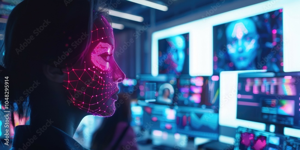 An AI entity as a digital face inspires a graphic designer in a high-tech workspace, suggesting ...