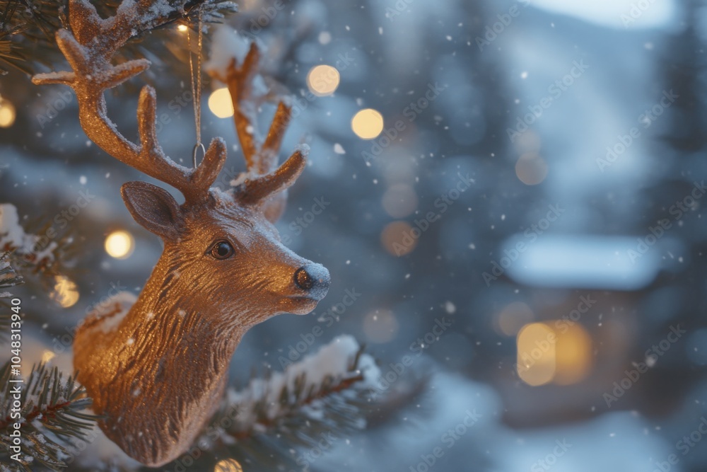 Charming holiday ornament of a reindeer hanging from a snow-covered ...