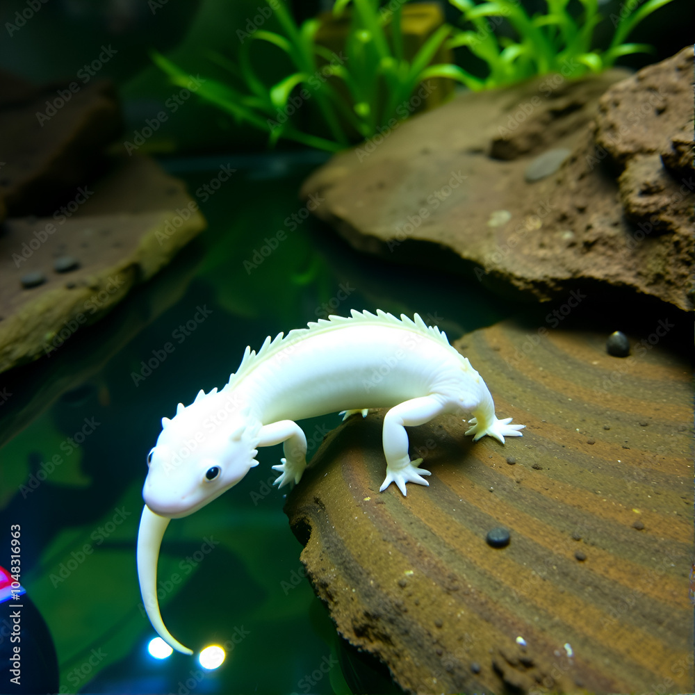 White axolotl move in water, stop then continue walking. Rare ...