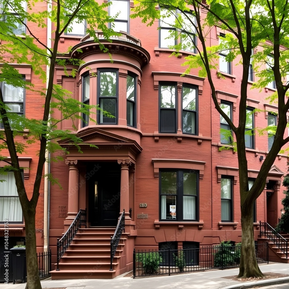 A 1920s brownstone building, with a stoop and large bay windows, set on ...