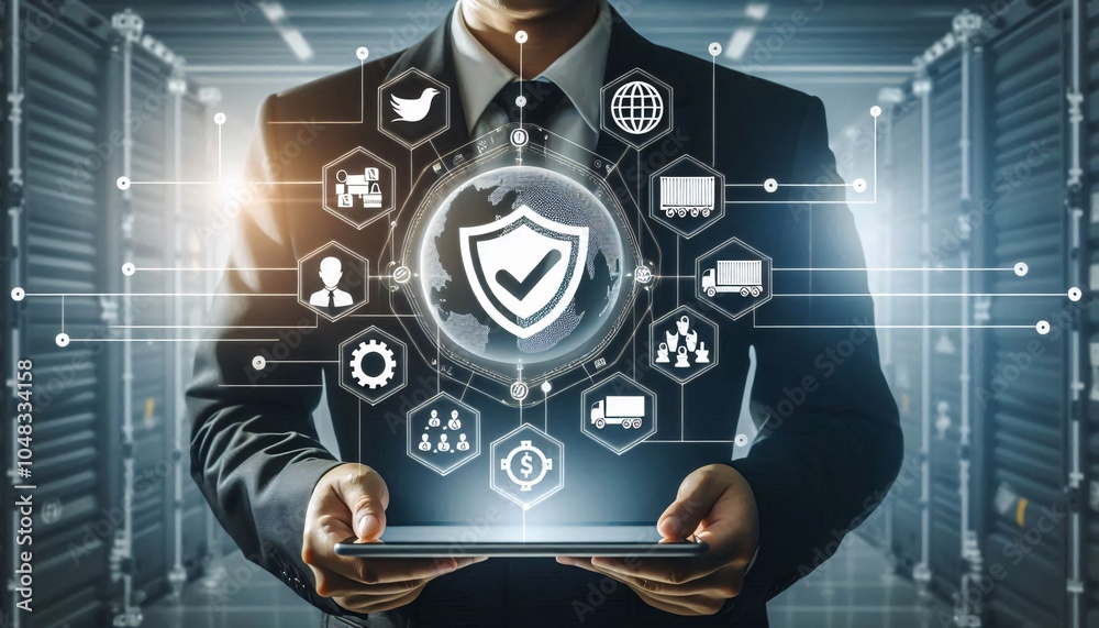 The image depicts a businessman using technology to protect and secure ...
