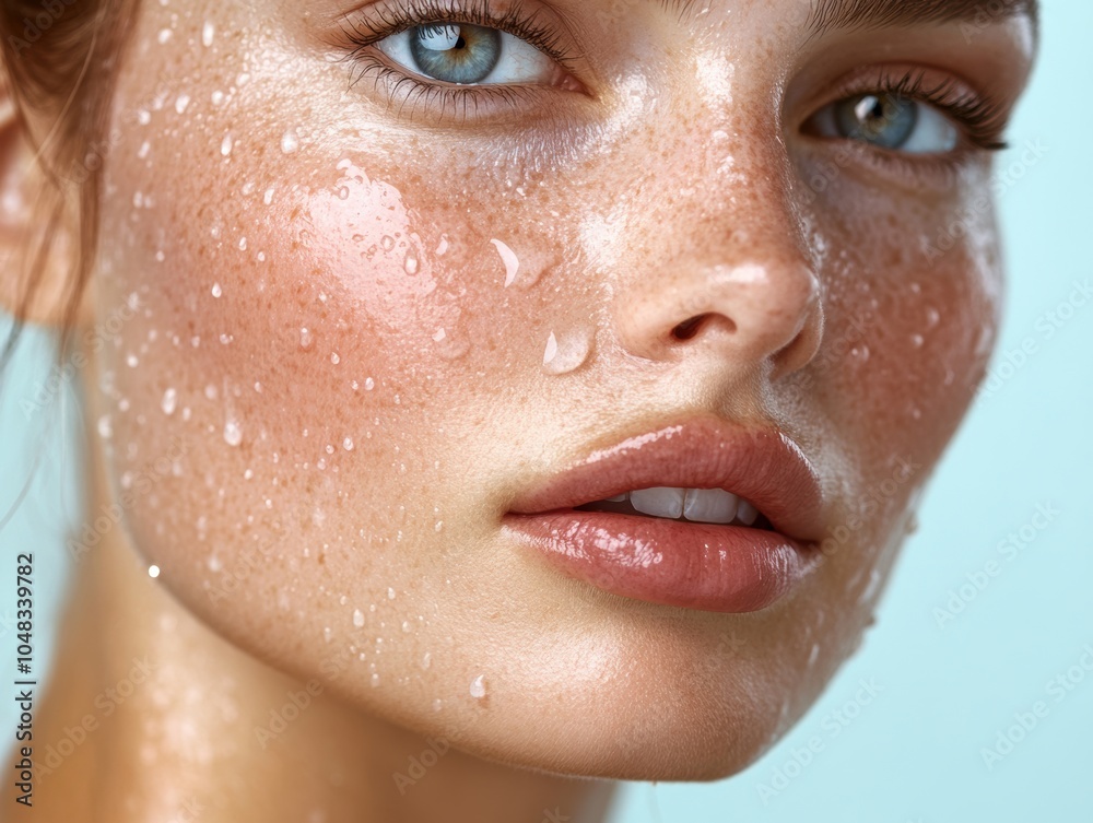 Close up of a beautiful woman's face with light pink skin and slight ...
