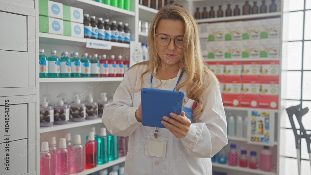 A female pharmacist in a white coat reads a tablet inside a brightly ...