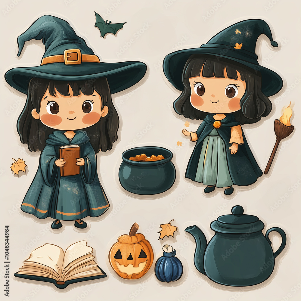 A cute wizard and witch sticker bundle with magic potions, wands, spell ...