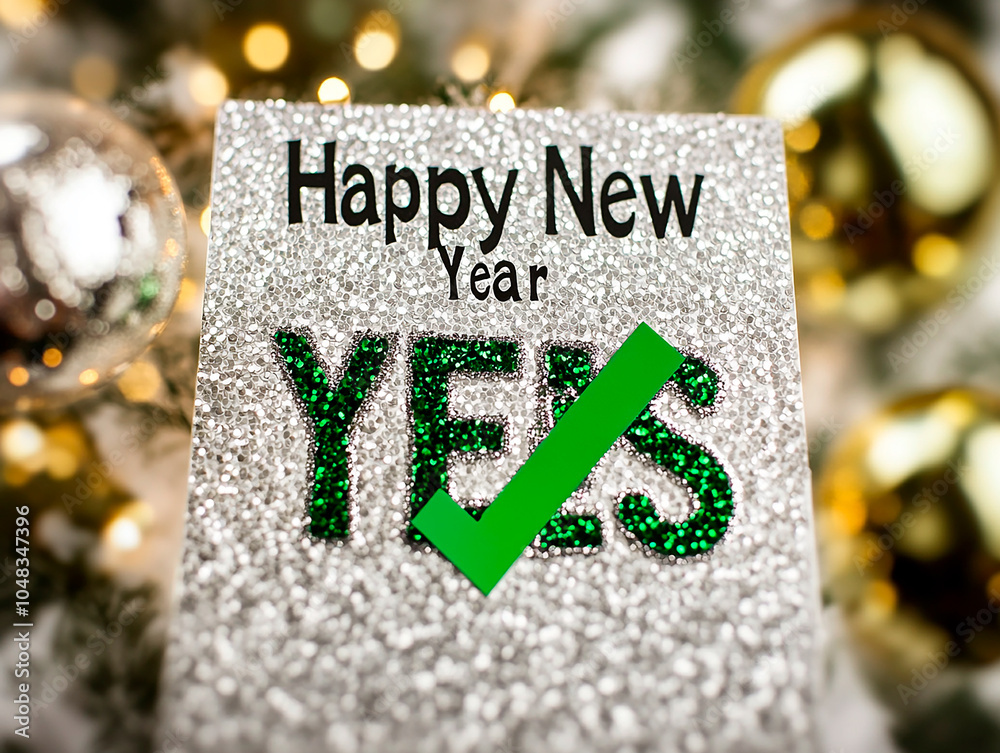 Checklist with "Happy New Year" text, green check mark next to "Yes ...