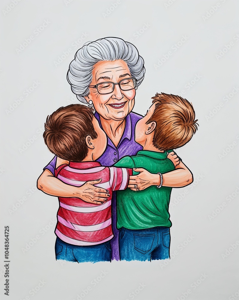 Hand drawing clipart of a grandmother hugging her grandchildren on ...