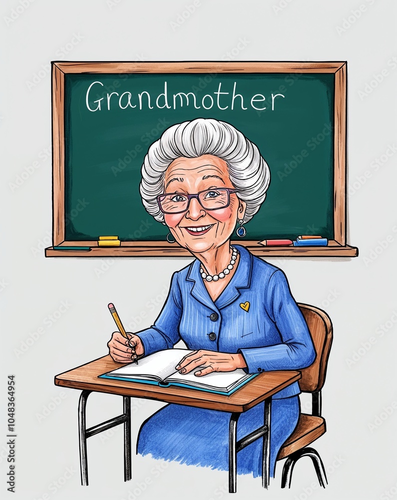 Hand drawing clipart of a grandmother teacher with a chalkboard behind ...