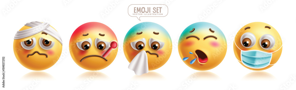 Emoji sick 3d emoticon characters vector set. Emoticons character with ...