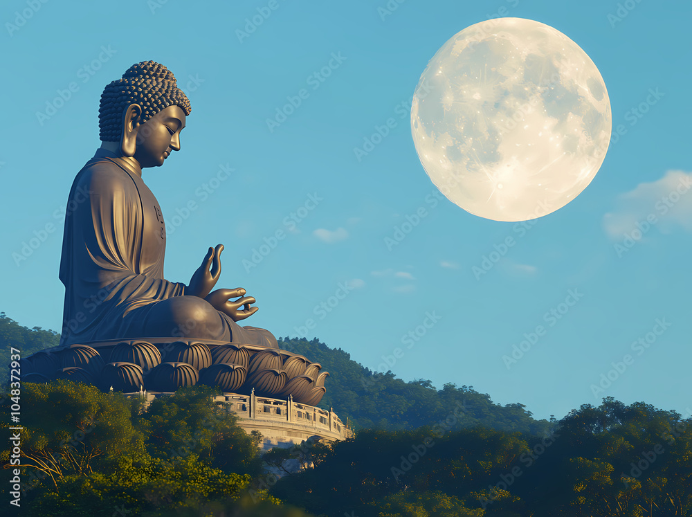The big full moon behind the Tian Tan Buddha statue in Hong Kong, with ...