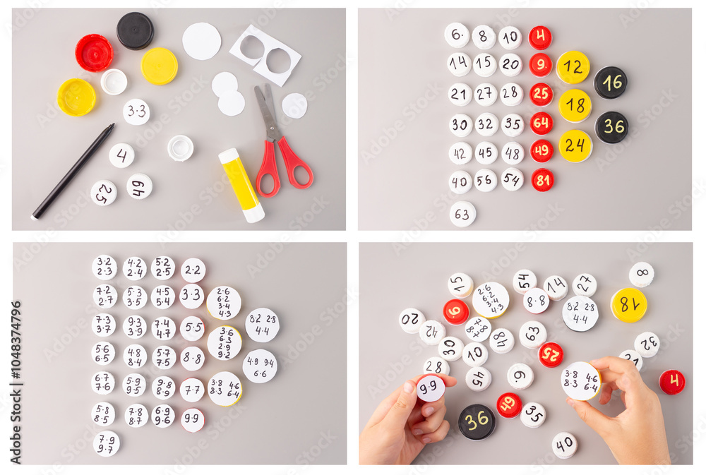 Plastic bottle caps with hand-written multiplication tables arranged in ...