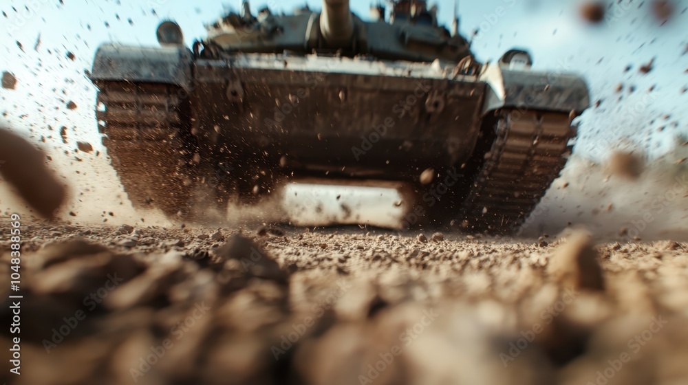 From a low angle, a tank is seen charging ahead, crushing rocks under ...