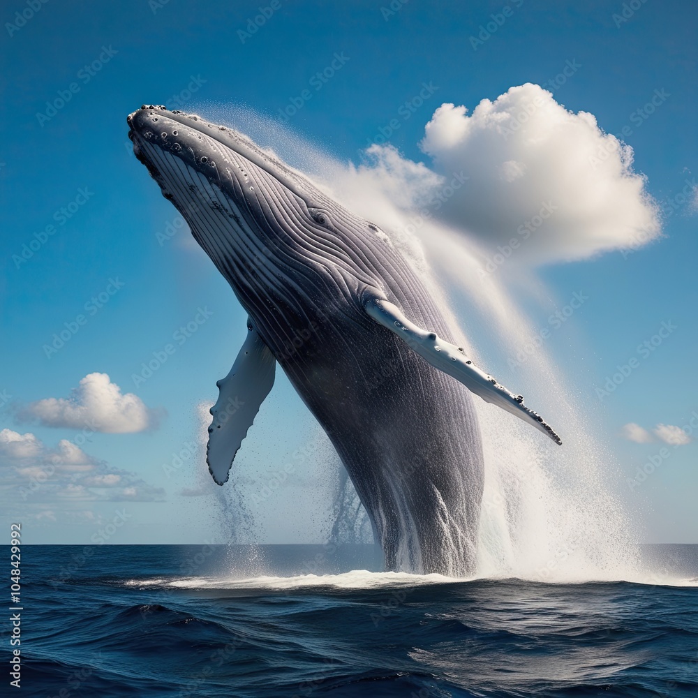 Blue whale in the middle of the sea Its large, sleek, blue-gray body ...