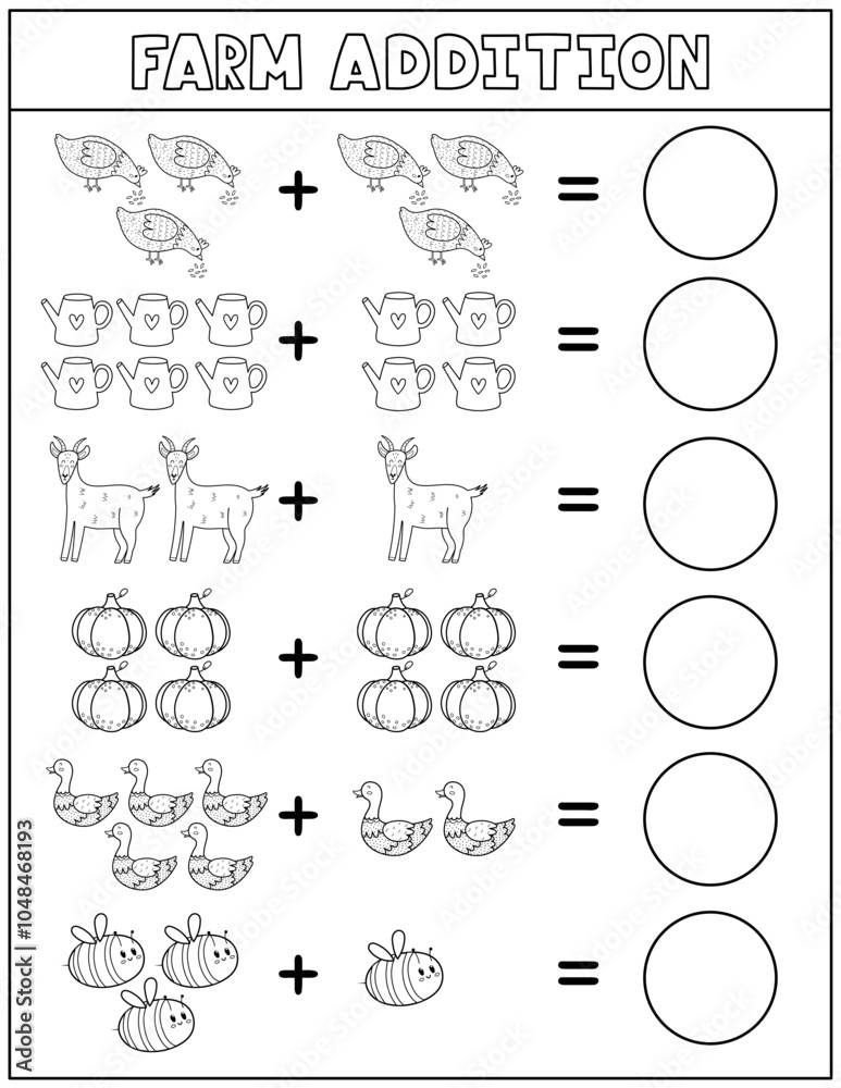 Farm addition black and white worksheet for kids. Math activity page in ...