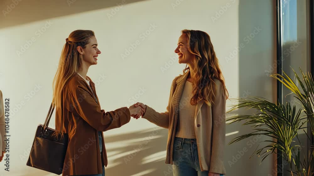 Side view of two young women smiling and shaking hands in a modern ...