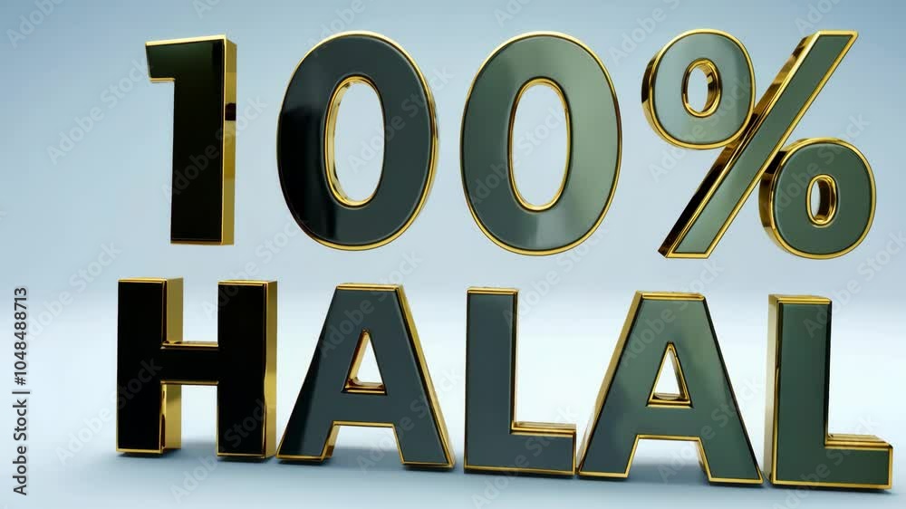 A gold colored sign that says 100 halal. The sign is made up of letters ...
