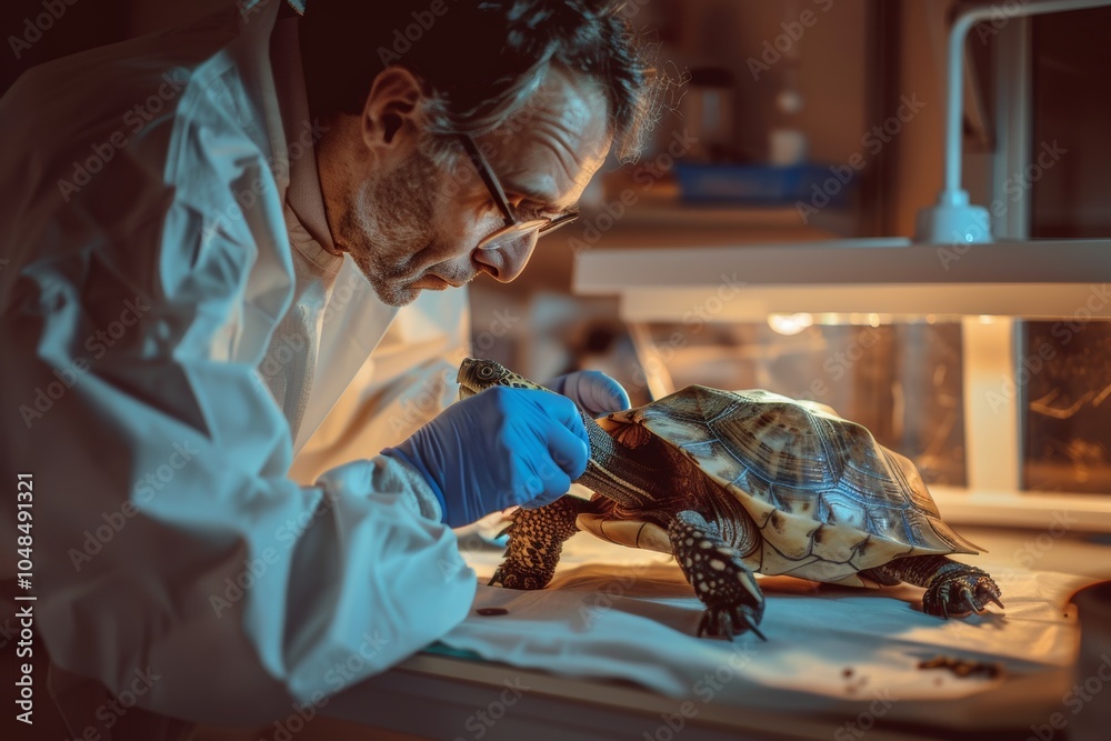 Veterinarian examines a tortoise in a well-lit lab setting during an ...