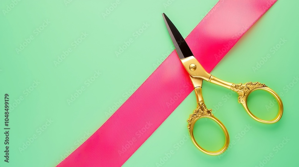 Red Ribbon Cut by Golden Scissors, A vibrant red ribbon elegantly ...