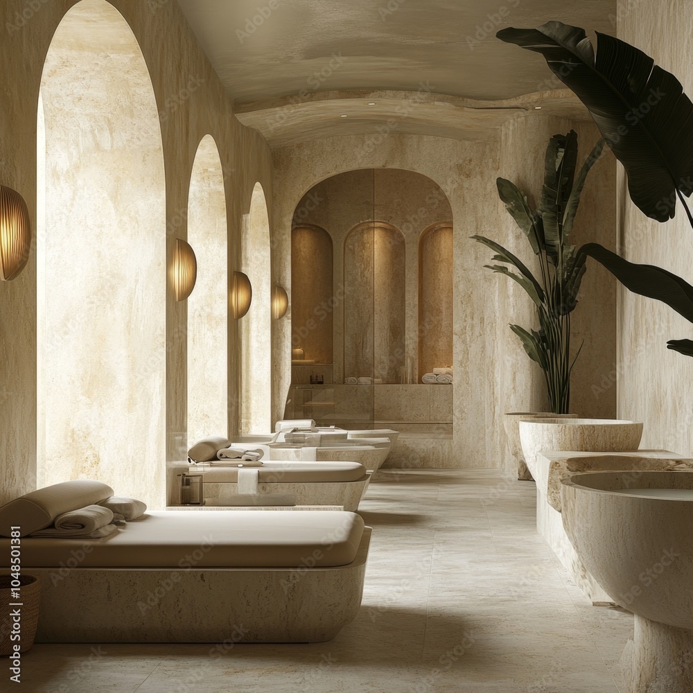 A minimalist spa with beige stone walls, arched windows, and large ...