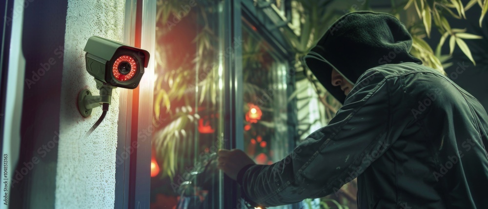 Man in black hoodie and mask using crowbar to break into locked glass ...