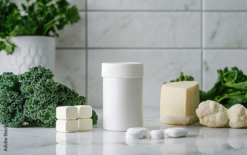 Calcium Supplement: White pill container with tablets, positioned near ...