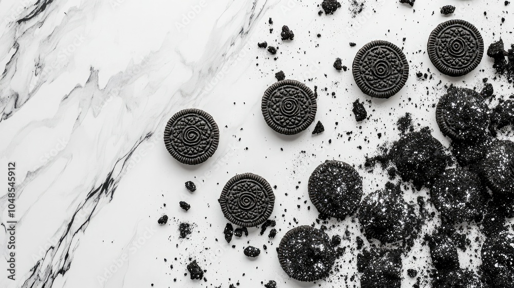 A creative flat-lay of Oreo cookies scattered across a marble ...
