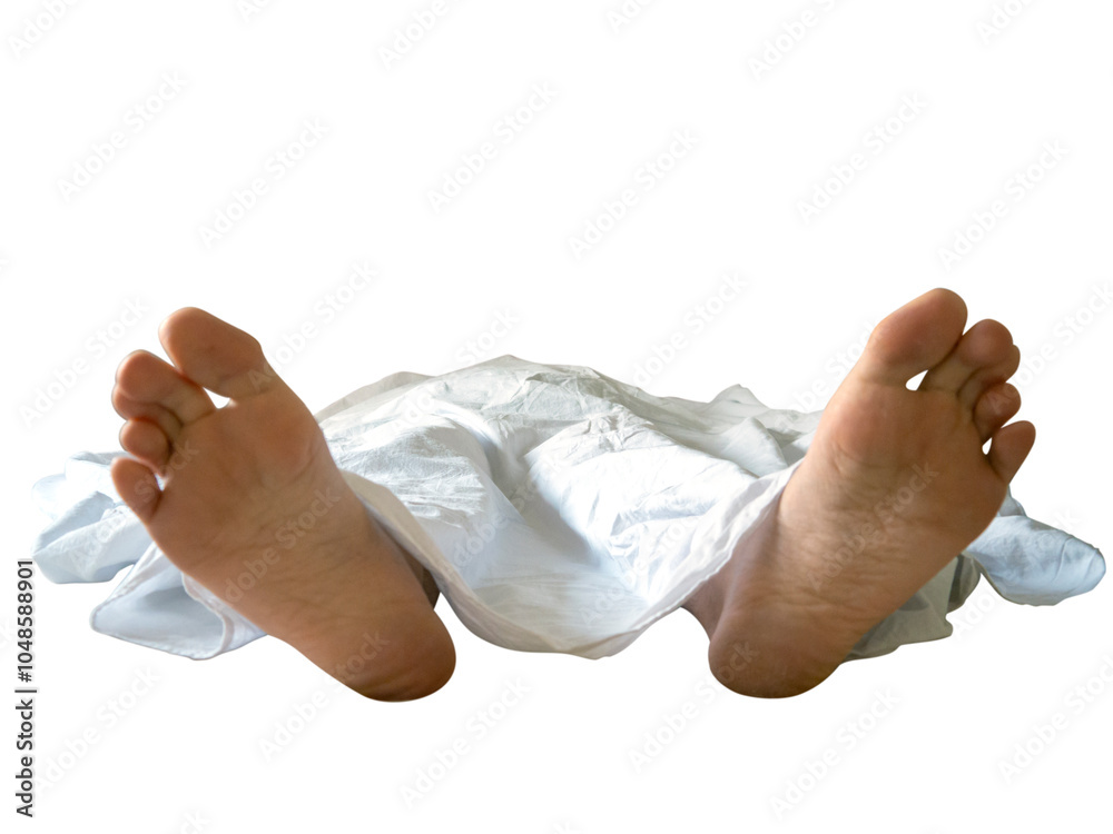 Human body full height covered with light sheet of cloth feet towards ...