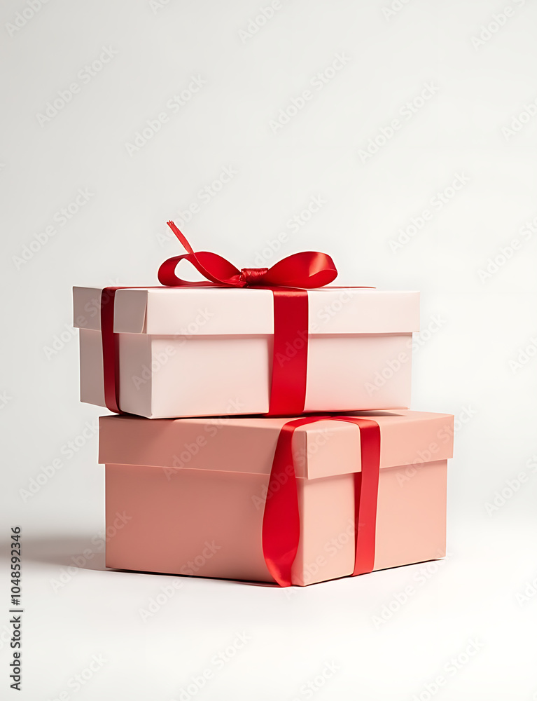 Red ribbon gift boxes sit alone on a clean white paper background made ...