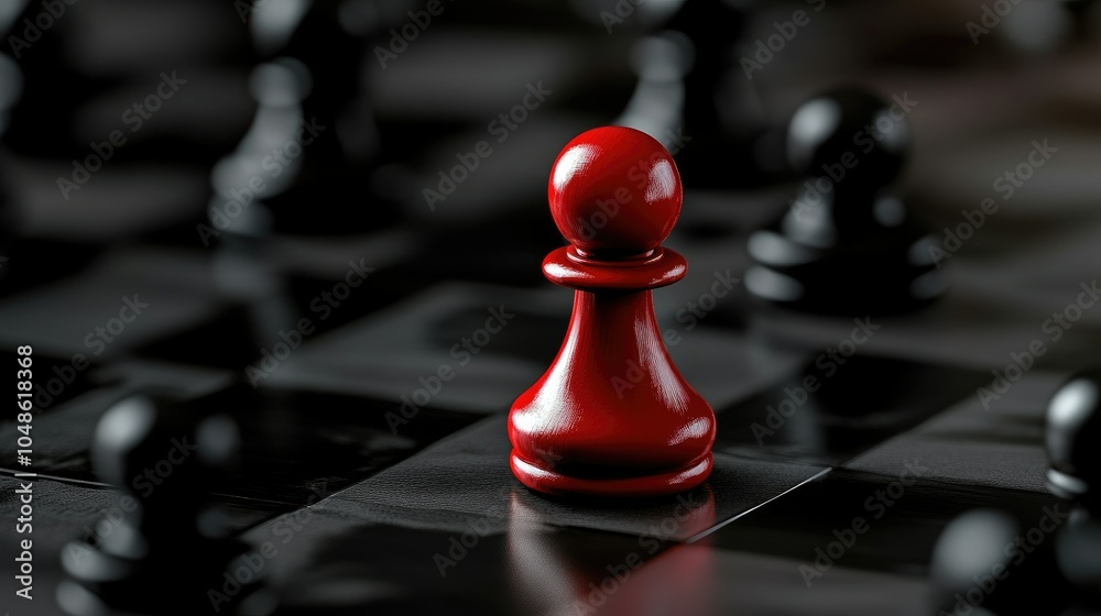 A red chess pawn stands in sharp contrast to surrounding black pieces ...