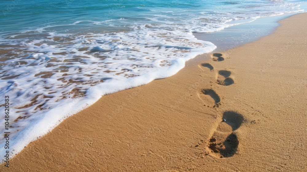 Fresh footprints in the sand leading to the ocean, symbolizing a new ...