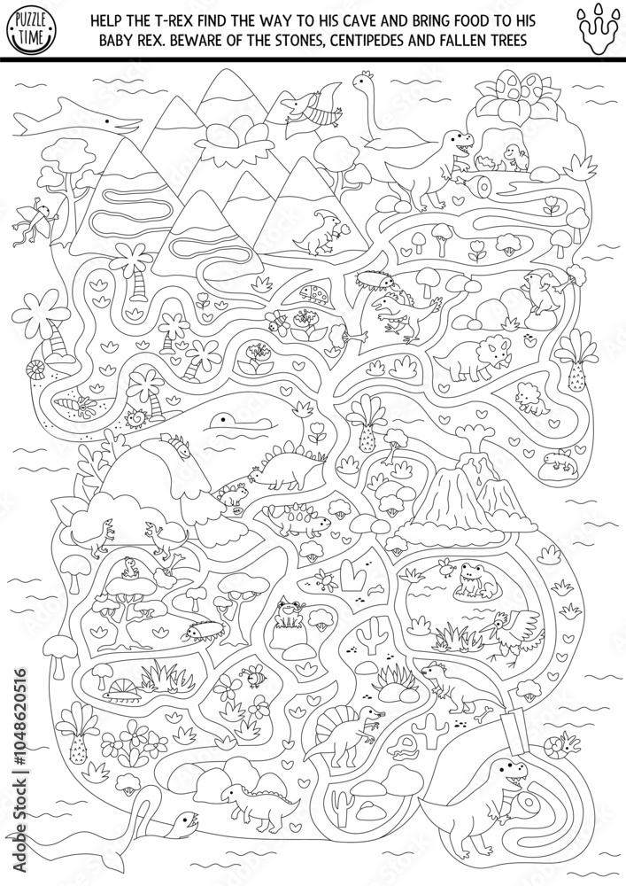 Dinosaur black and white maze for kids. Coloring page with ancient ...